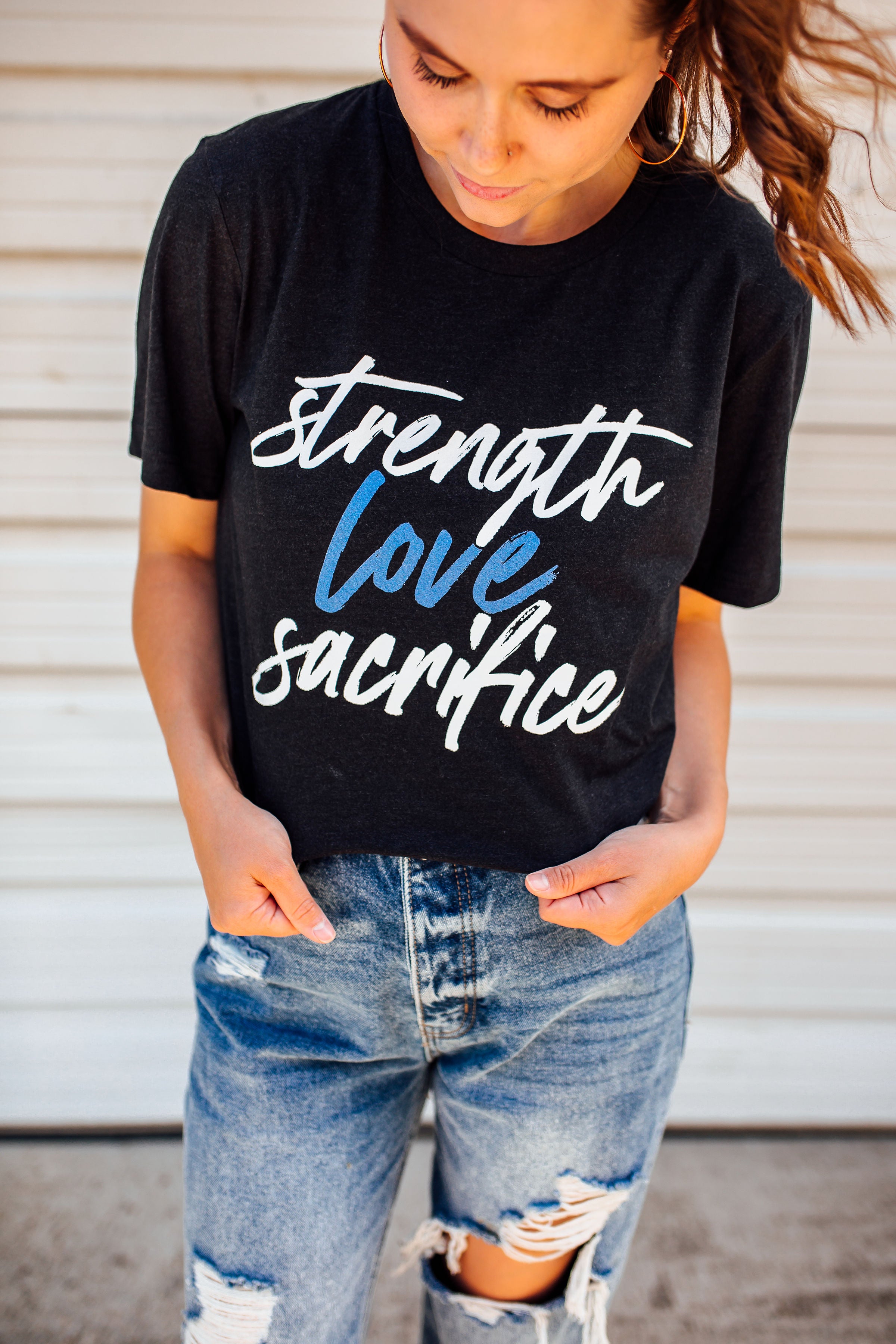Strength Love Sacrifice (Thin Blue Line) © // CHOOSE YOUR GARMENT STYL ...